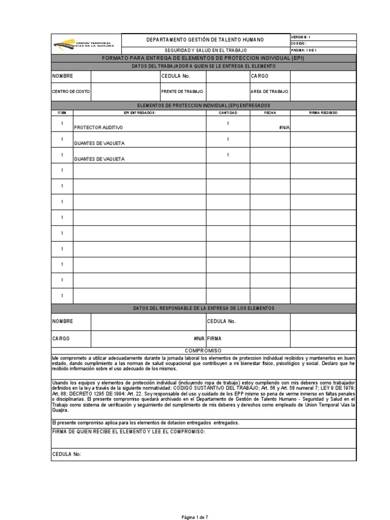 For Th 014 Formato Para Entrega Individual De Elementos De Proteccion