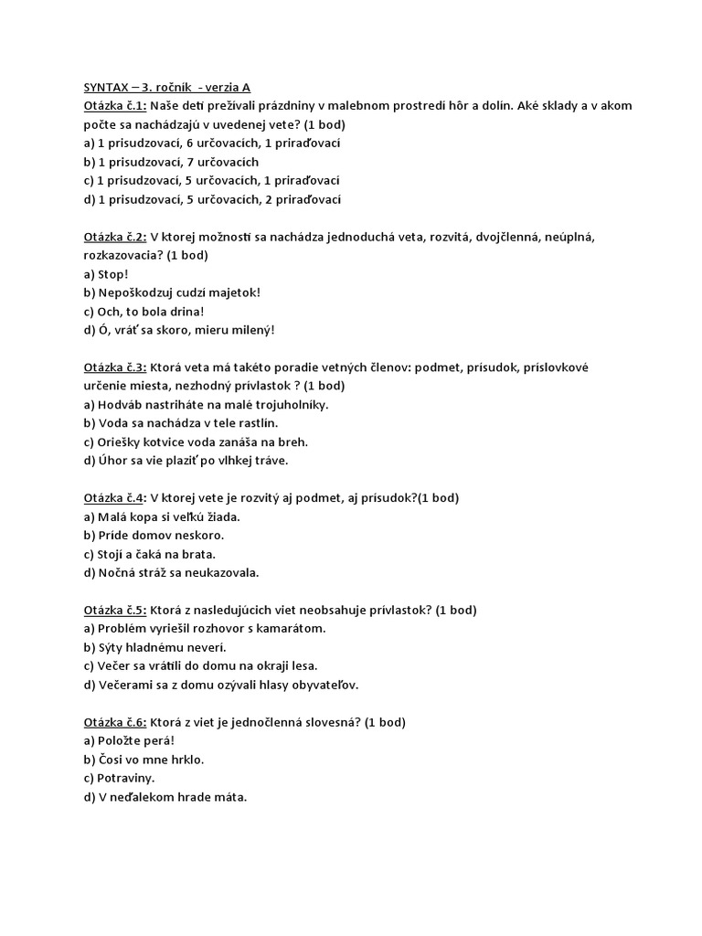 Syntax - Test - Verzia A | PDF