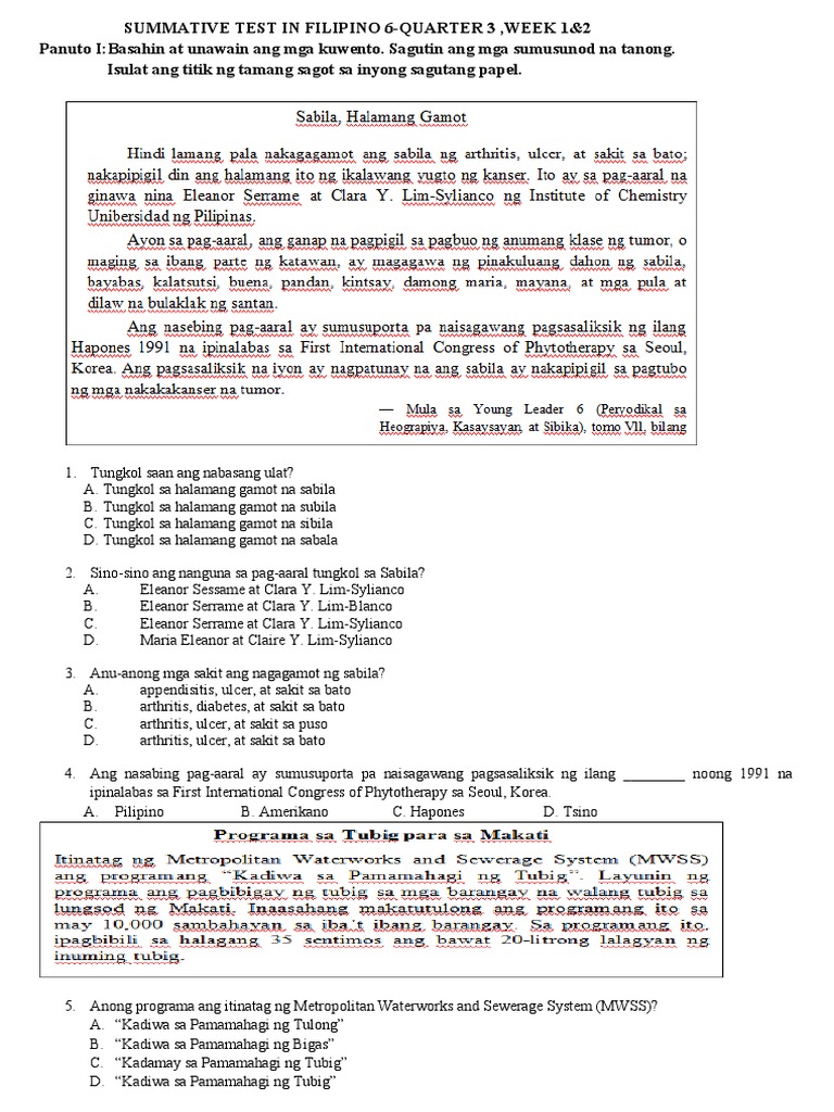1st Summative Test in Fil. TLE. Q3 | PDF