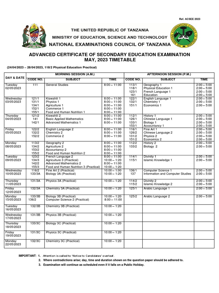 ACSEE 2023 Timetable | PDF | Science