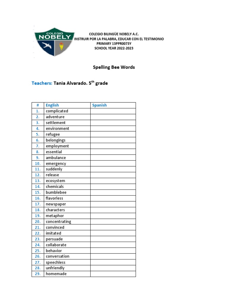 5th Grade Spelling Bee Words | PDF