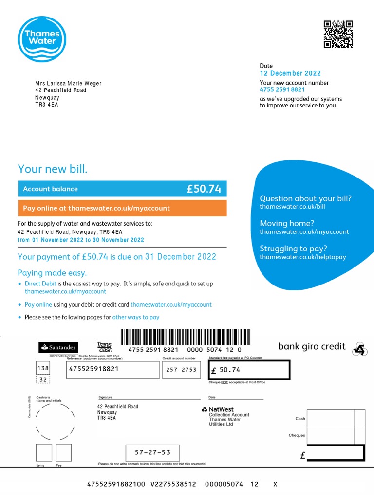 Thames Water Bill Payment Details | PDF | Cheque | Credit Card