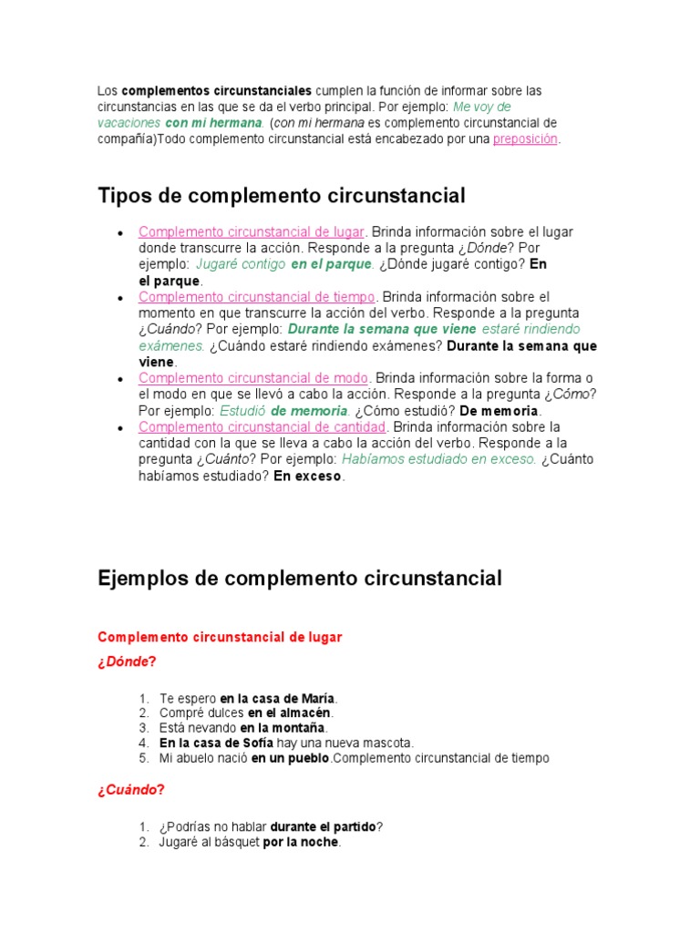 Tipos y ejemplos de complementos circunstanciales | PDF | Poesía épica ...