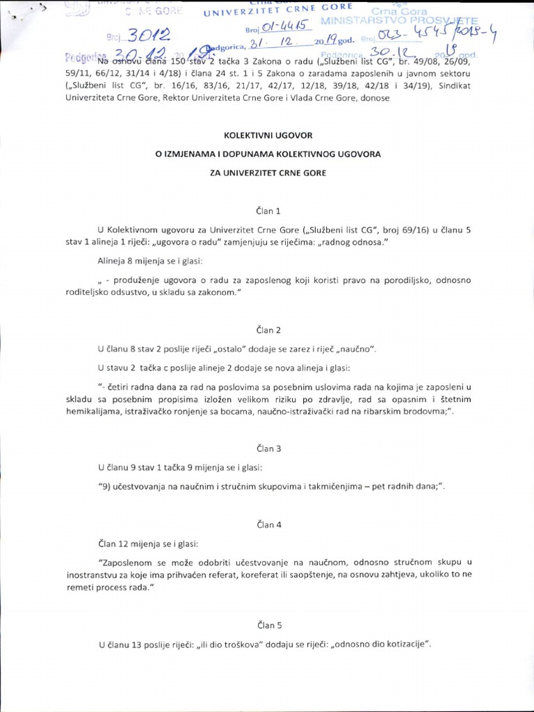 Kolektivni Ugovor o Izmjenama I Dopunama Kolektivnog Ugovora UCG | PDF