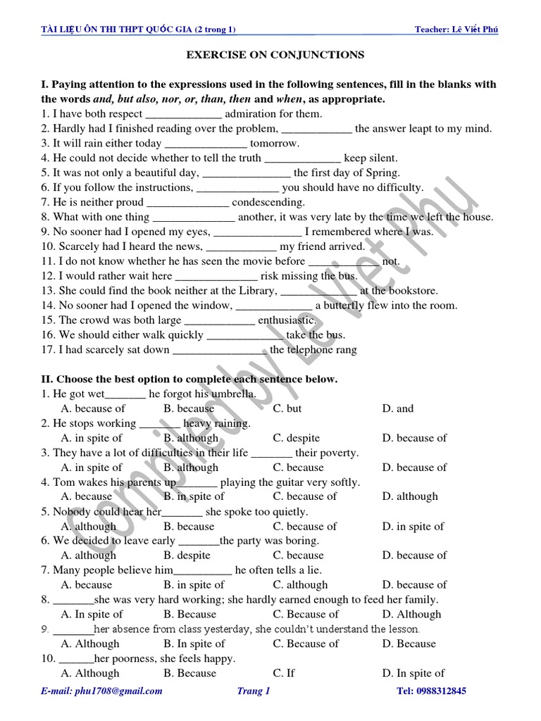 Exercise On Conjunctions | PDF