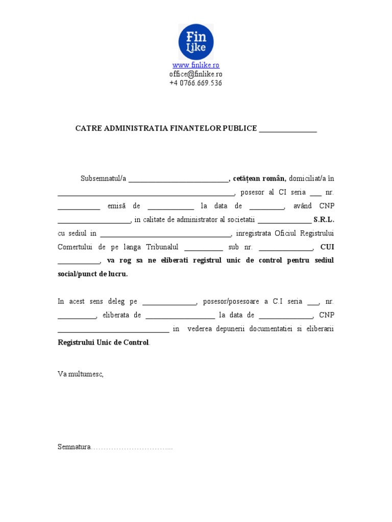 Cerere Registru Unic de Control - Model | PDF