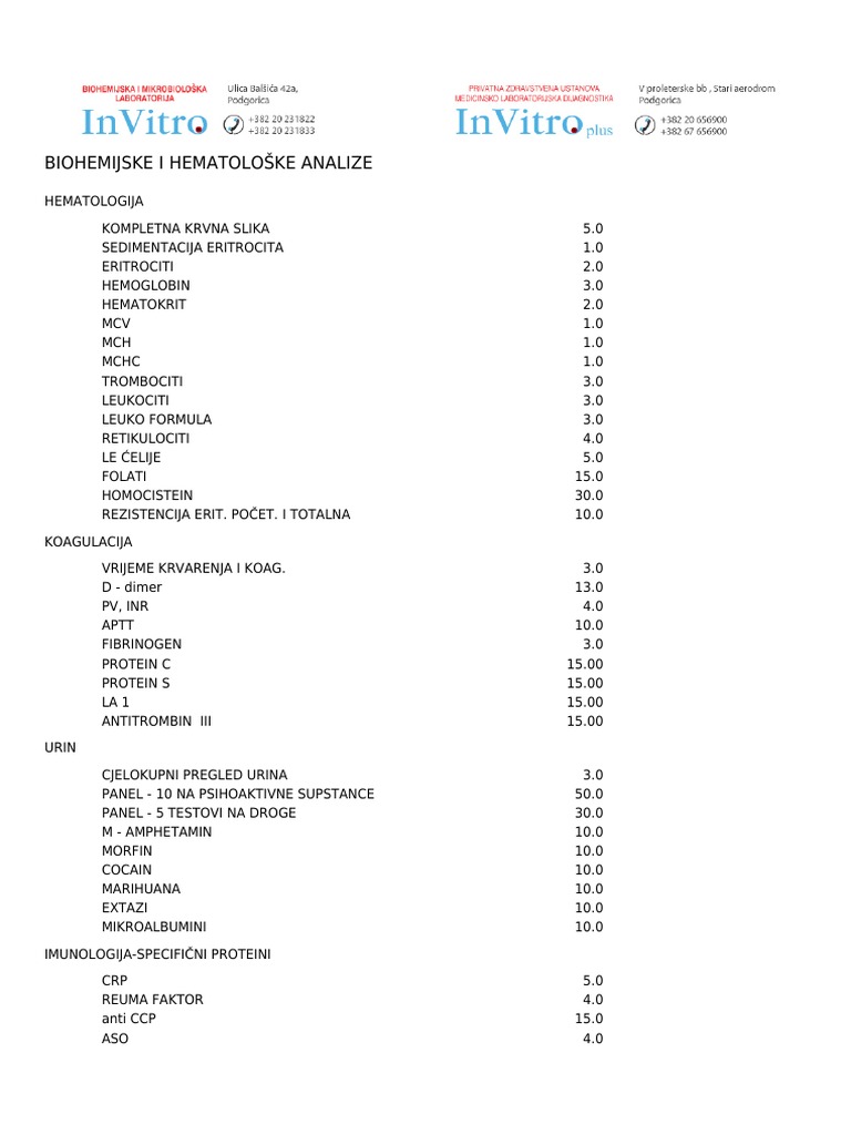 Invitro Cjenovnik | PDF