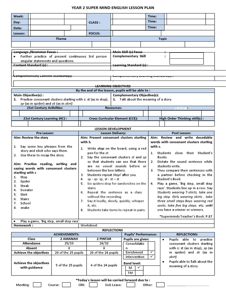 Year 2 Super Mind English Lesson Plan Week 35docx | PDF | English ...