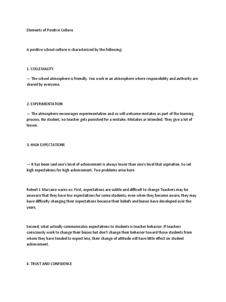 Elements of Positive Culture | PDF | Teachers | Bias