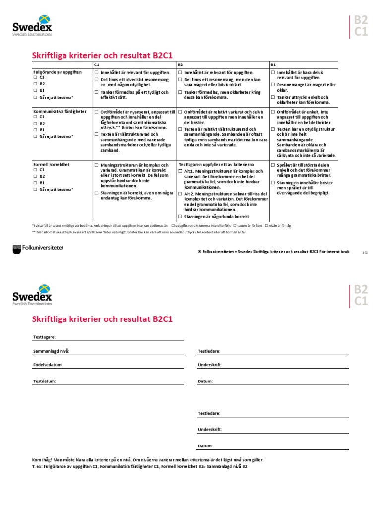 Swedex B2C1 Skriftliga Kriterier Och Resultat | PDF