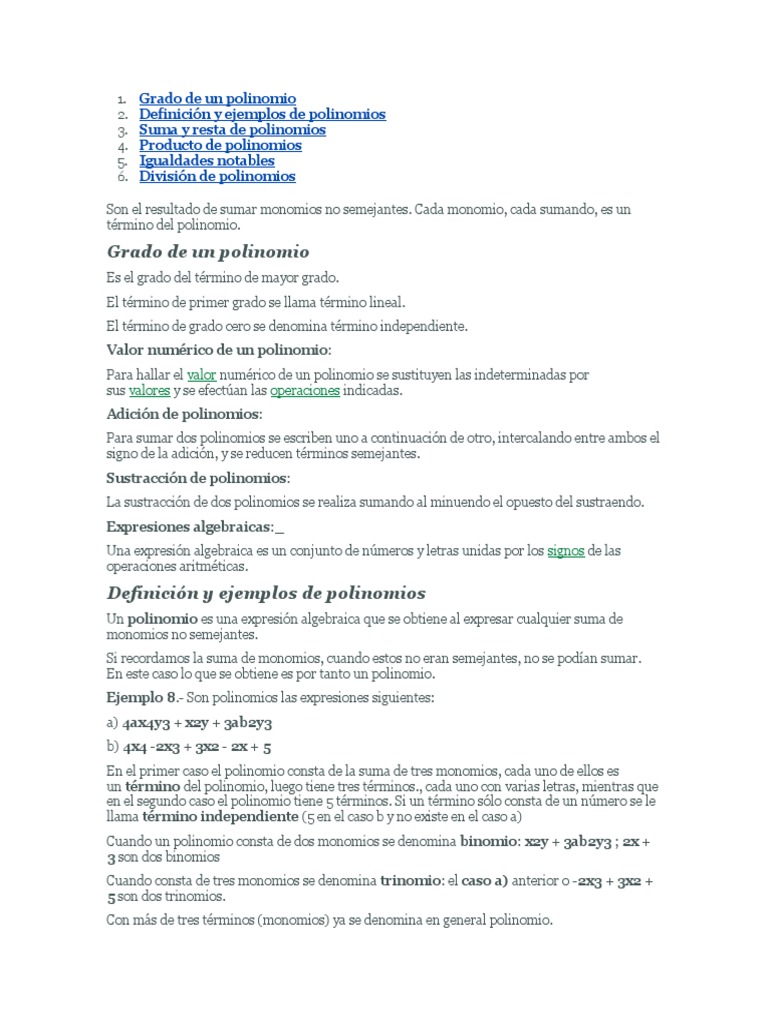 Grado de Un Polinomio | PDF | Sustracción | División (Matemáticas)