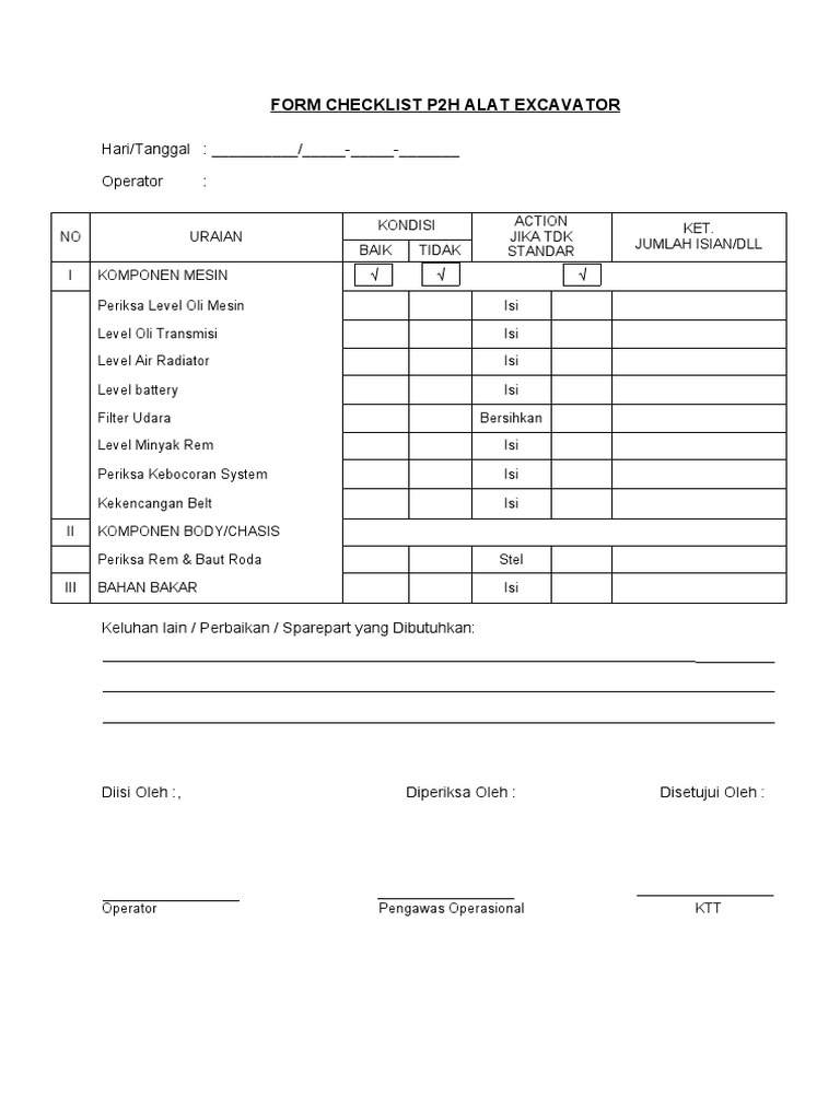 Checklist P2H Alat Excavator | PDF