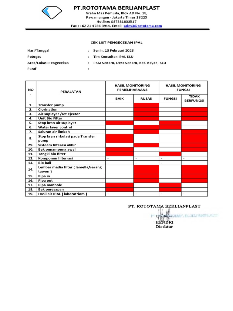 CEK LIST PENGECEKAN IPAL PKM SENARU KLU (1) OKE Pak Hendri | PDF