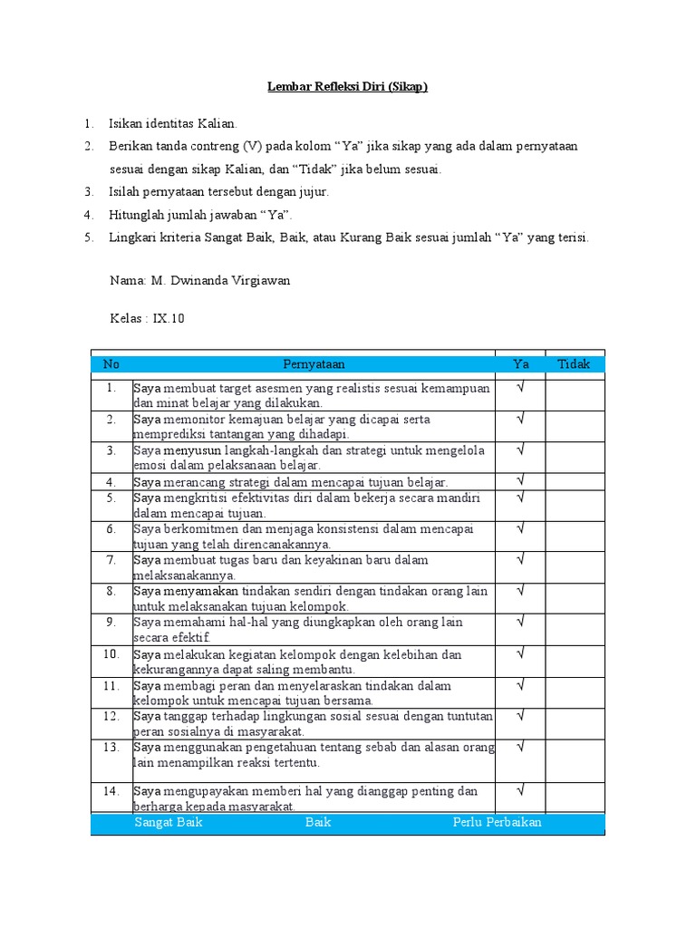 Lembar Refleksi Diri Siklus 1 | PDF