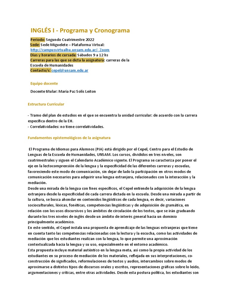 Crono Eh Nivel 1 Sabados 2C | PDF | Palabra | Evaluación