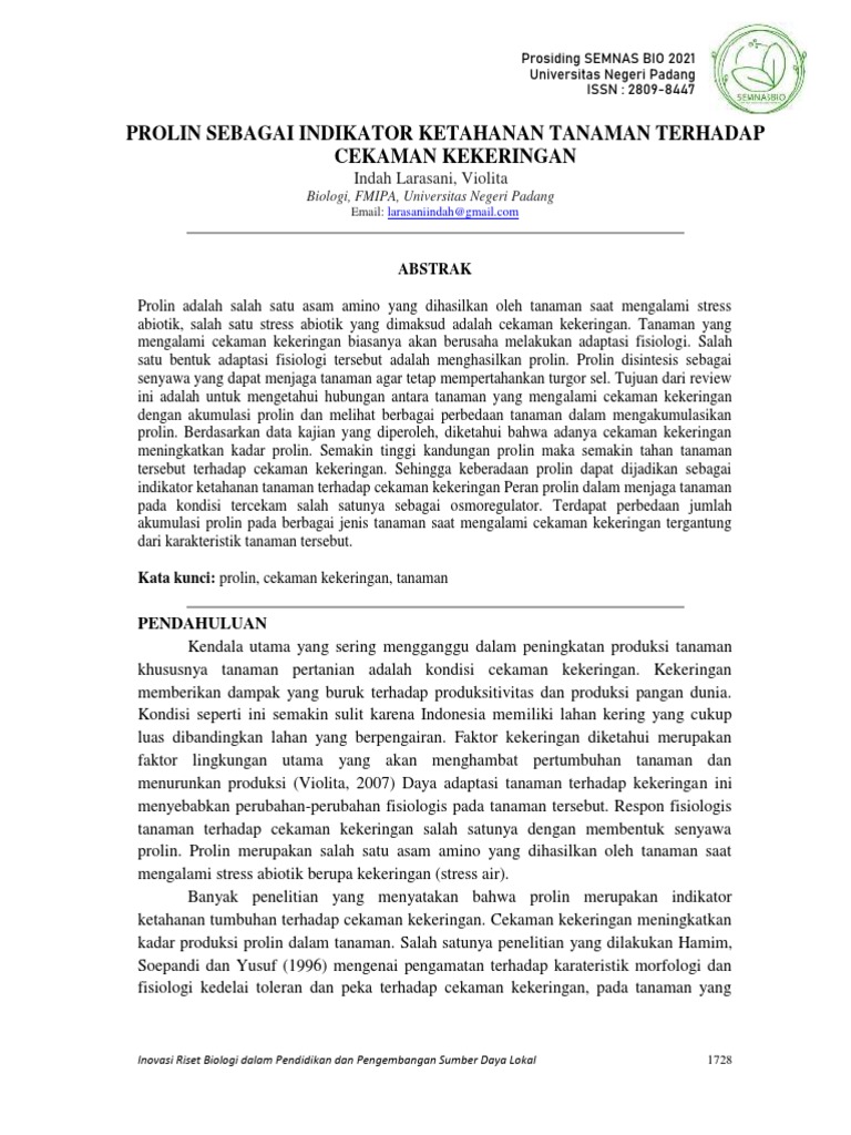 Prolin Sebagai Indikator Ketahanan Tanaman Terhadap Cekaman Kekeringan | PDF | Sains ...