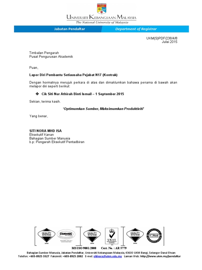 Surat Pemakluman Melapor Diri Ke PTJ Steno 4 | PDF