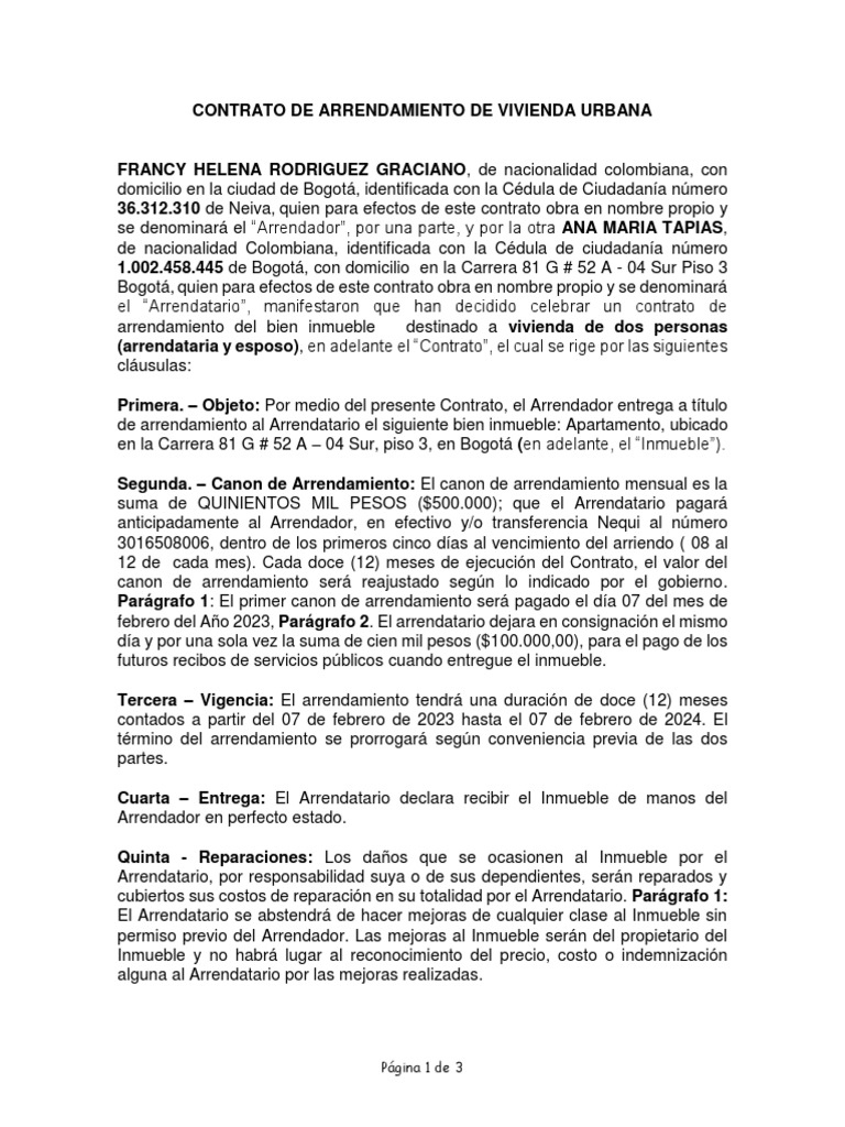 Contrato de Arrendamiento de Apto p3 Ana Maria Tapias | PDF
