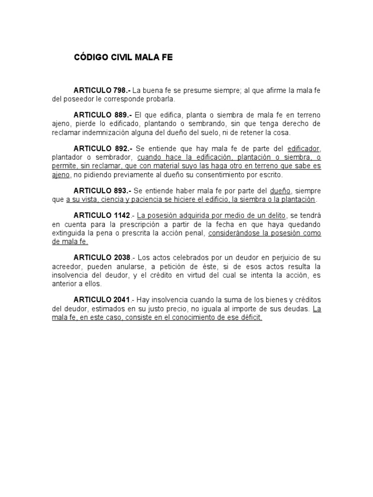 Mala Fe en el Código Civil | PDF