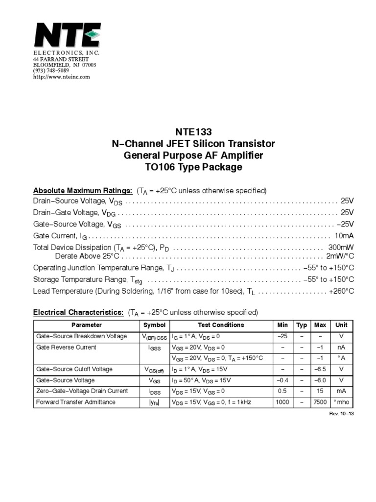 Nte 133 | PDF | Field Effect Transistor | Electrical Equipment