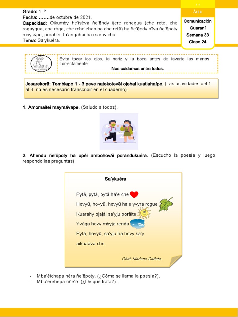 1°grado Guaraní Semana 33 Clase 24 1 | PDF