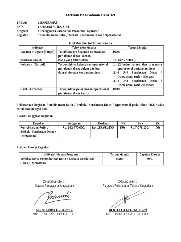 Laporan Akhir Kegiatan Pemeliharaan Rutin Berkala Kendaraan Dinas Operasional | PDF