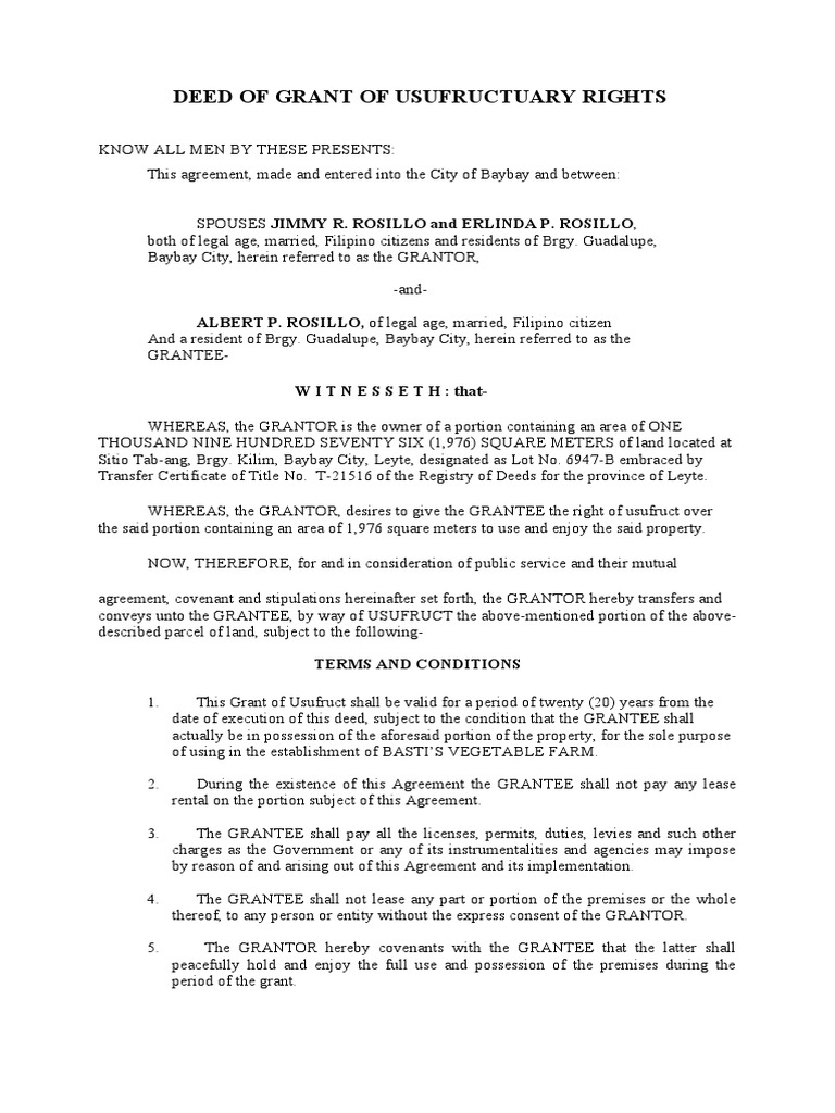 Deed of Grant of Usufructuary Rights | PDF | Deed | Covenant (Law)