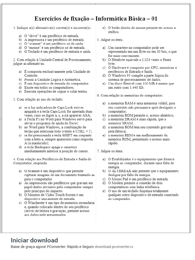 Exercícios de Fixação Informática Básica 01 PDF | PDF