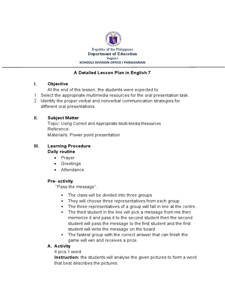 Multimedia Resources in English 7 Lesson Plan | PDF | Multimedia | Graphics