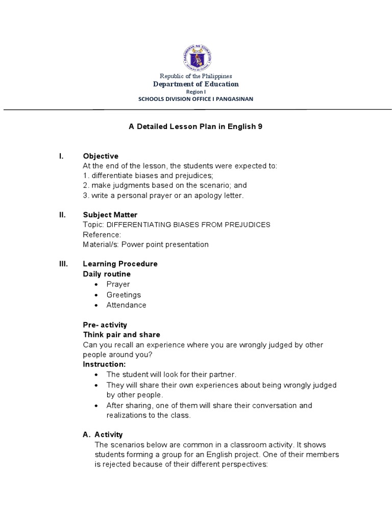 Grade 9 Lesson Plan: Bias and Prejudice | PDF | Prejudices | Bias