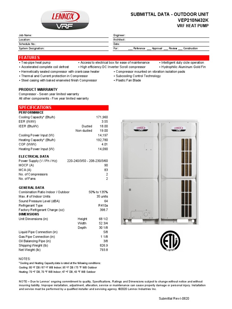 Lennox-Vrf Submittal Vep210n432k Standard | PDF | Heat Pump | Air ...