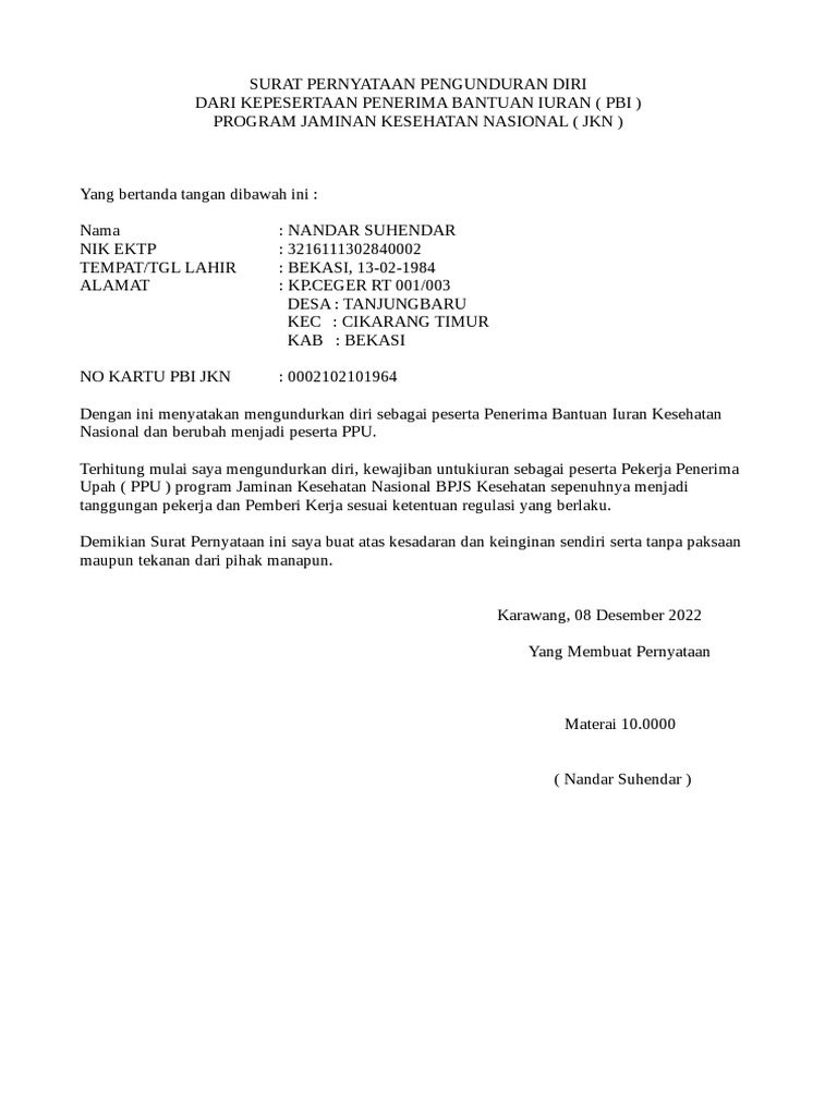 Surat Pengunduran Diri Pbi | PDF