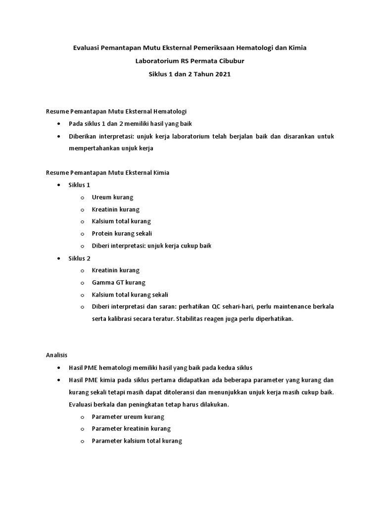 Evaluasi PME Hema Kimia Lab RSPC Siklus 1 Dan 2 Tahun 2021 | PDF