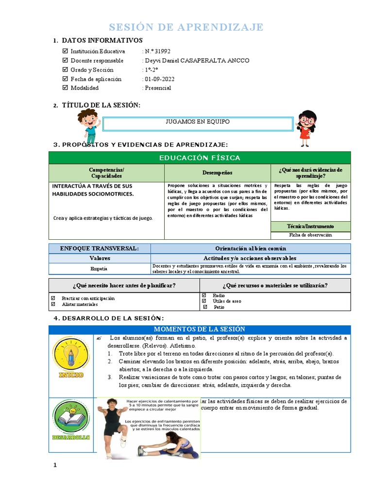 Sesión de Aprendizaje 1 Setiembre - 1º-2º | Descargar gratis PDF | Maestros | Aprendizaje