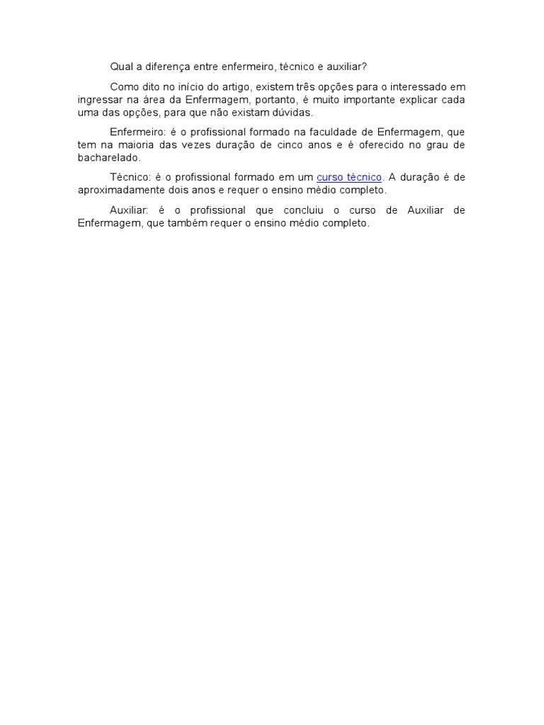 Qual A Diferença Entre Enfermeiro, Técnico e Auxiliar | PDF Qual A Diferença Entre Enfermeiro, Técnico e Auxiliar | PDF