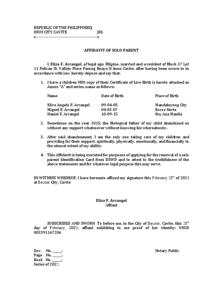 Affidavit of Solo Parent for ID Renewal | PDF