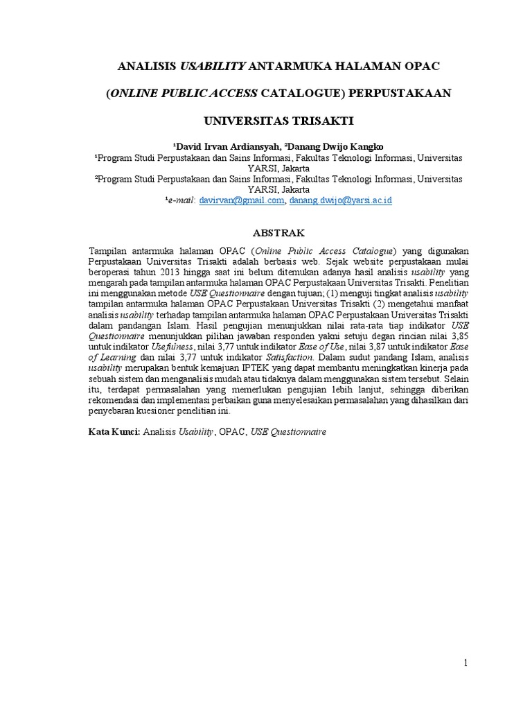 Artikel David - Analisis Usability Antarmuka Halaman OPAC Perpustakaan Universitas Trisakti | PDF