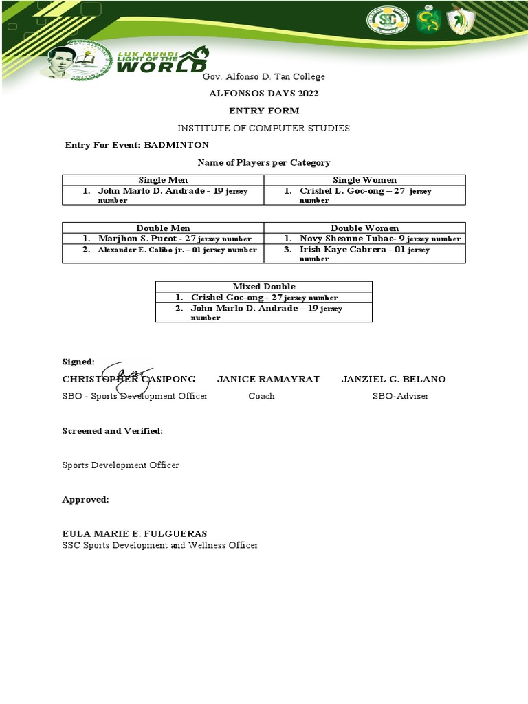 Alfonso's Days 2022 Sports Entry Form | PDF | Summer Olympic Games ...