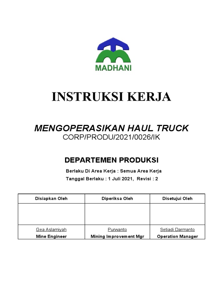 CORP PRODU 2021 0026 IK Mengoperasikan Haul Truck (Contoh) | PDF