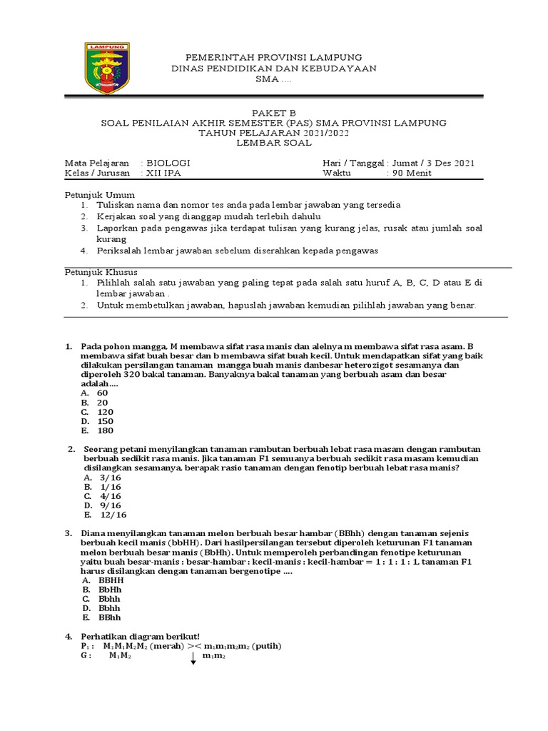 Soal Biologi Xii Mipa Paket B Pas Ganjil 2021 | PDF