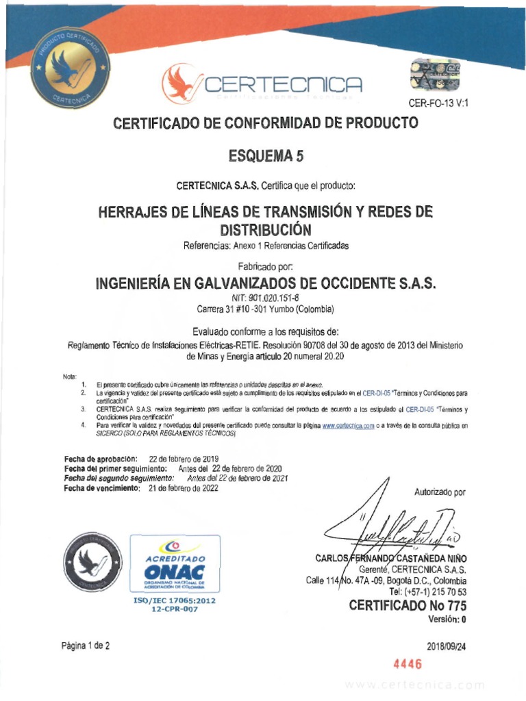 Certificado Herrajes Retie | PDF