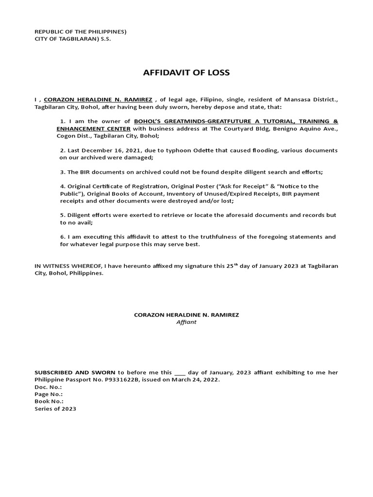Affidavit of Loss For Lost Books of Accounts | PDF