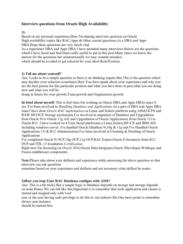 Interview Questions From Oracle High Availability | PDF | Oracle ...