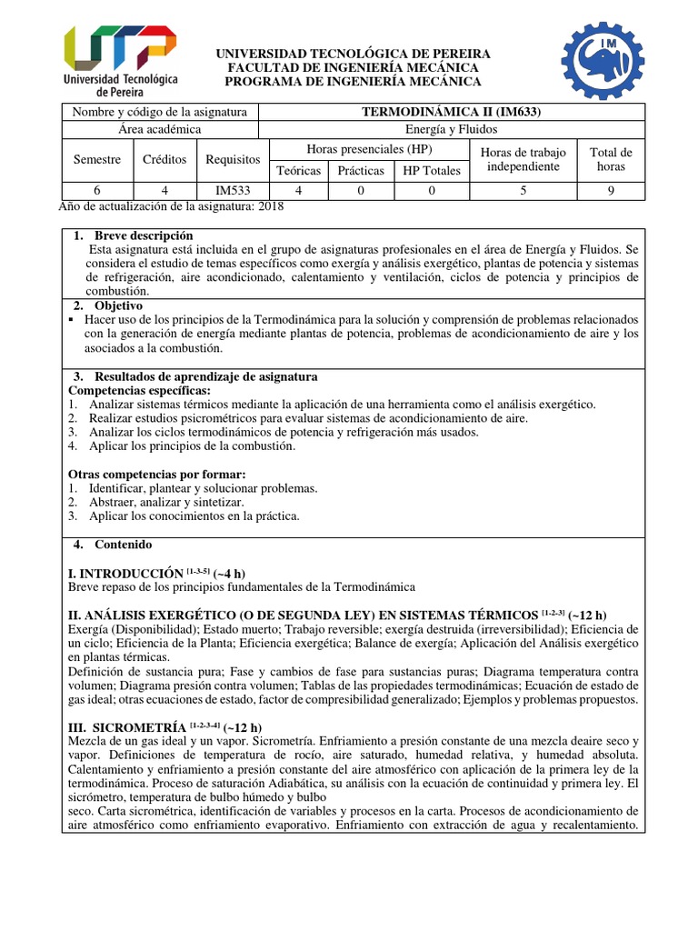 Programa Termodinámica 2 (IM 633) | Descargar gratis PDF | Temperatura | Ejercicio