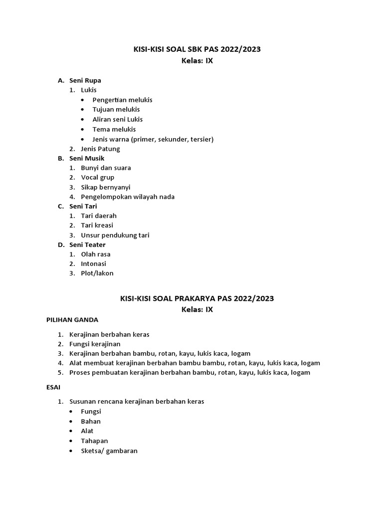 Kisi-Kisi SBK & Prakarya Kelas Ix | PDF