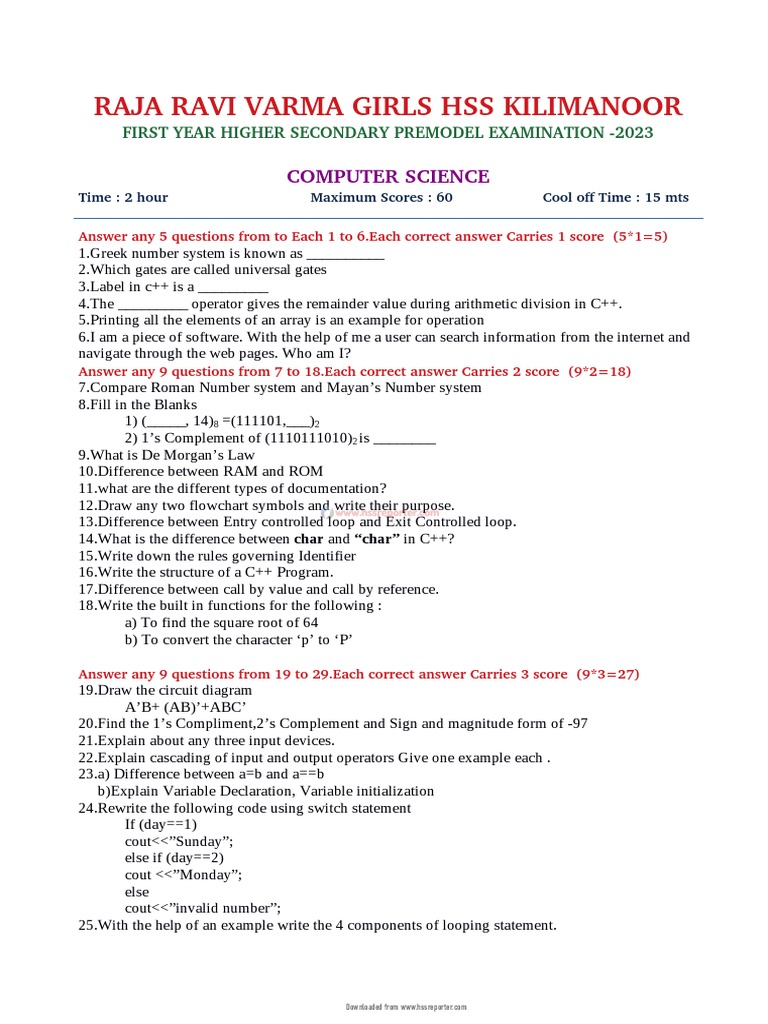HSSRPTR - Pre Model Exam CS - +1 | PDF | Computer Program | Programming
