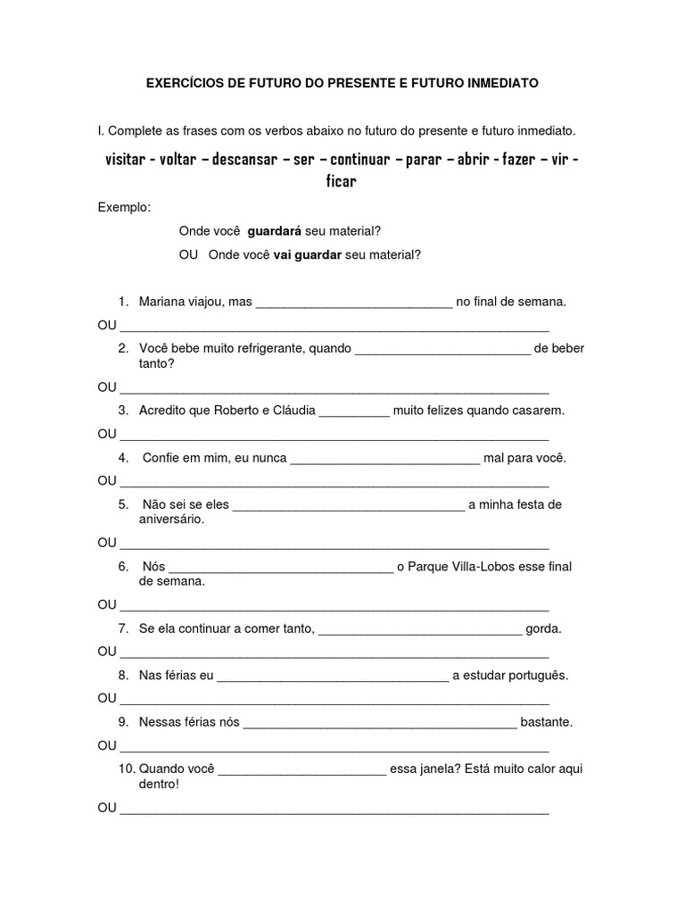 Exercícios de Futuro Do Presente e Futuro Inmediato | PDF