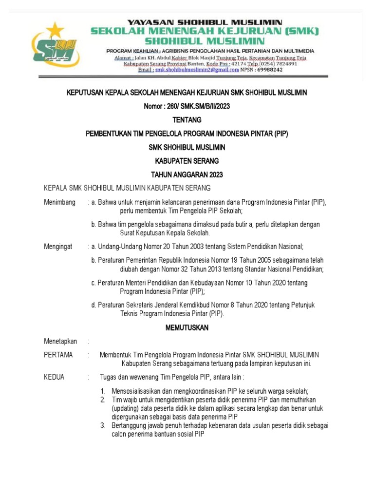 SK Pembentukan Tim PIP SMK 2023 | PDF