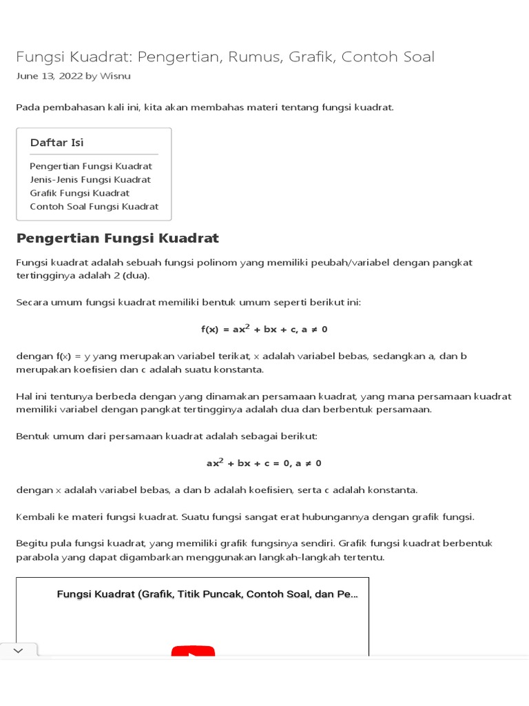 Fungsi Kuadrat (Pengertian, Rumus, Grafik, Contoh Soal) | PDF