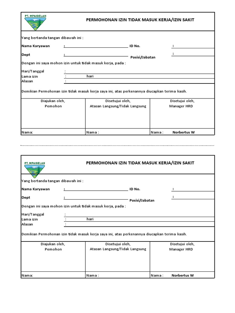 Form Izin Tidak Masuk Kerja - Izin Sakit | PDF